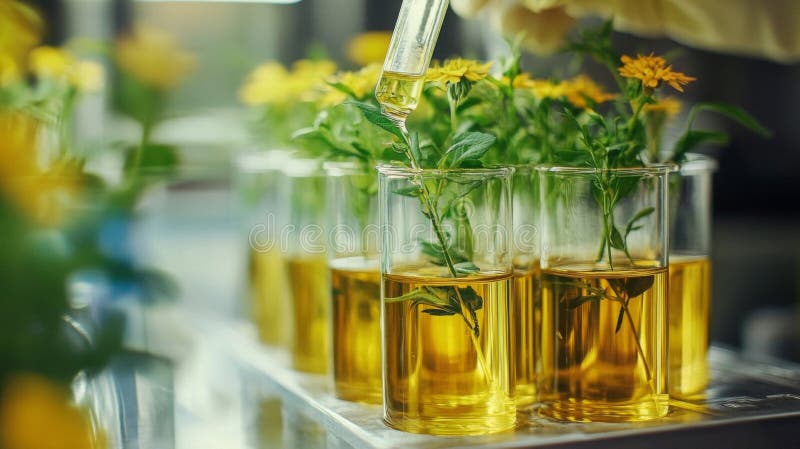 Yellow Flowers and Liquid in Glass Beakers Stock Illustration ...