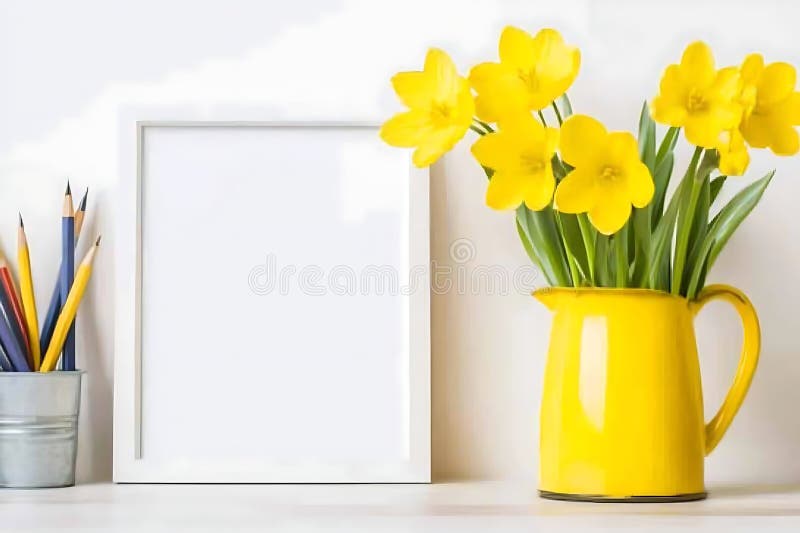 Yellow Flowers in Pitcher with Blank Frame and Colored Pencils a Bright ...