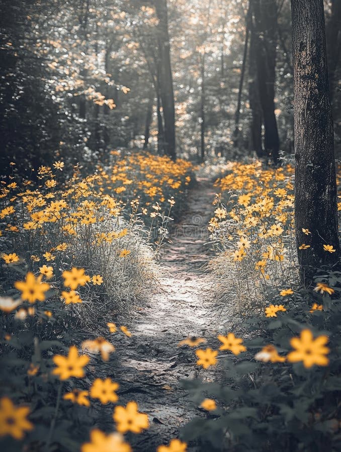Yellow Flowers Surround Path Forest Stock Photos - Free & Royalty-Free ...