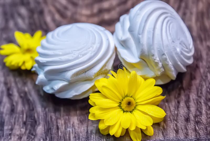 Yellow Flowers with White Marshmallows. Sweets. Soft Focus. Stock Image ...