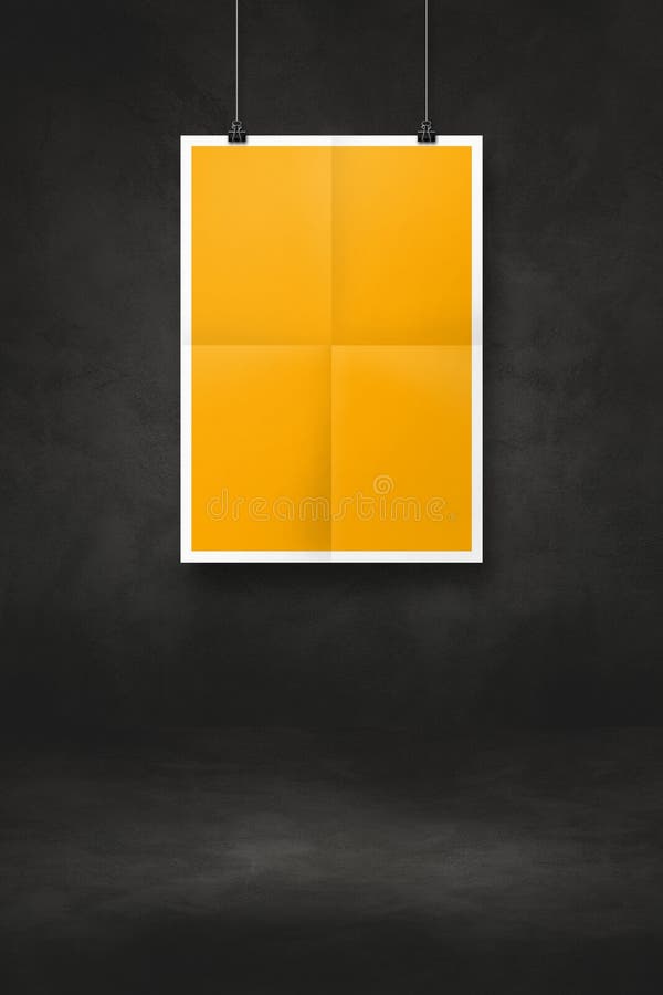 Yellow Folded Poster Hanging on a Black Wall with Clips Stock Photo ...