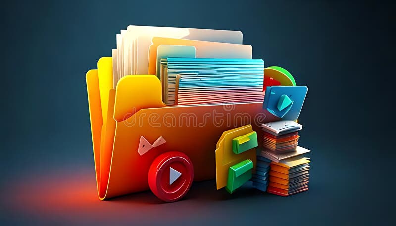 A Yellow Folder Containing Stacked Files, with a Red Play Button Icon ...