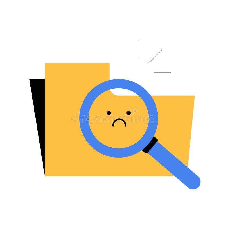 Sad Folder with Magnifying Glass in Flat Vector Illustration ...
