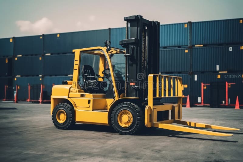 Yellow Forklift for Cargo Containers in the Port. Krnespiya Logistics ...