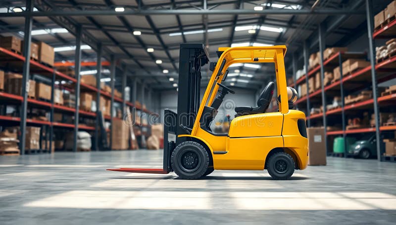 Yellow Forklift in a Large Warehouse with Shelves and Boxes in the ...