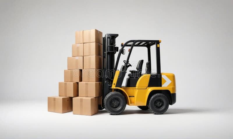 A Yellow Forklift is Moving a Stack of Cardboard Boxes in a Warehouse ...