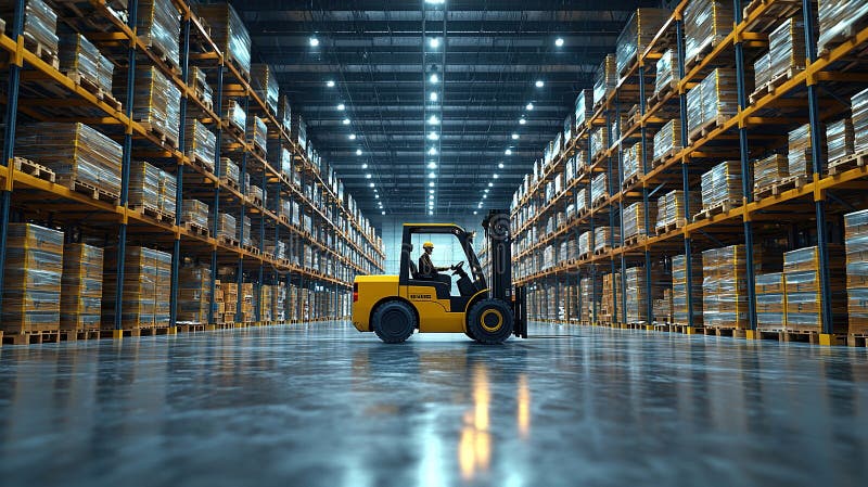 A Forklift Operating Inside a Spacious Warehouse Filled with Pallets ...