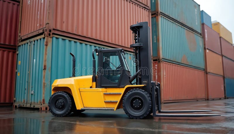 Yellow Forklift Parked in Front of Shipping Container Stack. Industrial ...