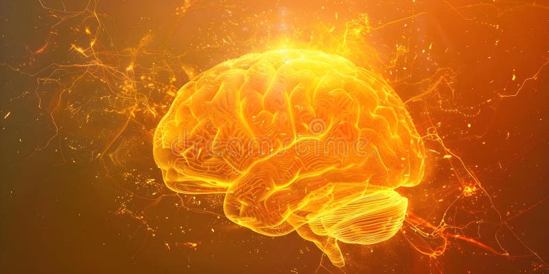Yellow Fractal Light Illuminating a Brain Model Representing Cognitive ...