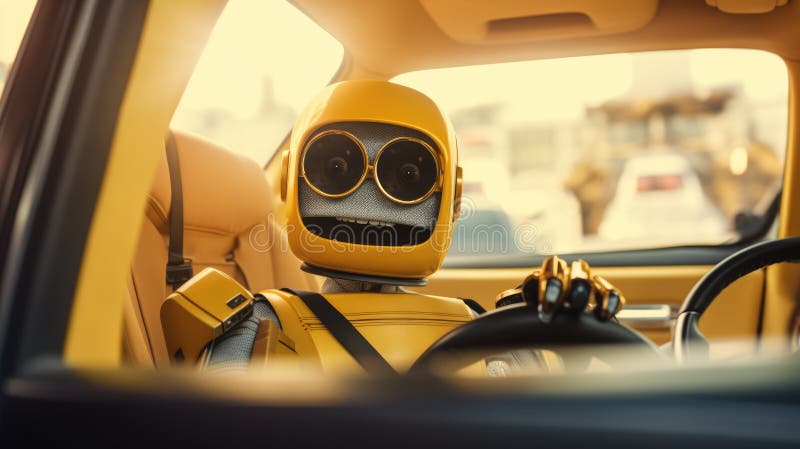 Yellow Friendly Robot Driving a Car. Inside the Car Stock Illustration ...