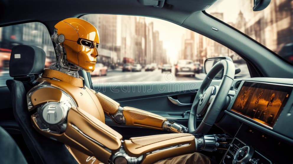 Yellow Friendly Robot Driving a Car. Inside the Car Stock Photo - Image ...