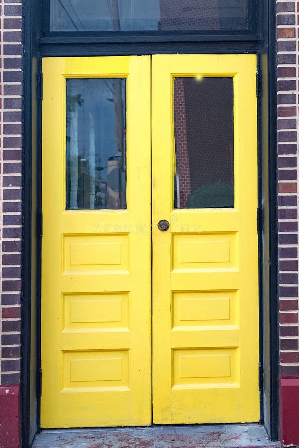 Yellow Front Door To a Brick House Stock Image - Image of america ...