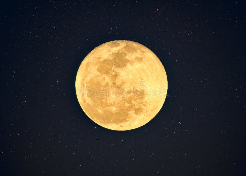 Yellow Full Moon with Crater Textured Glowing with Starry in Night Sky ...