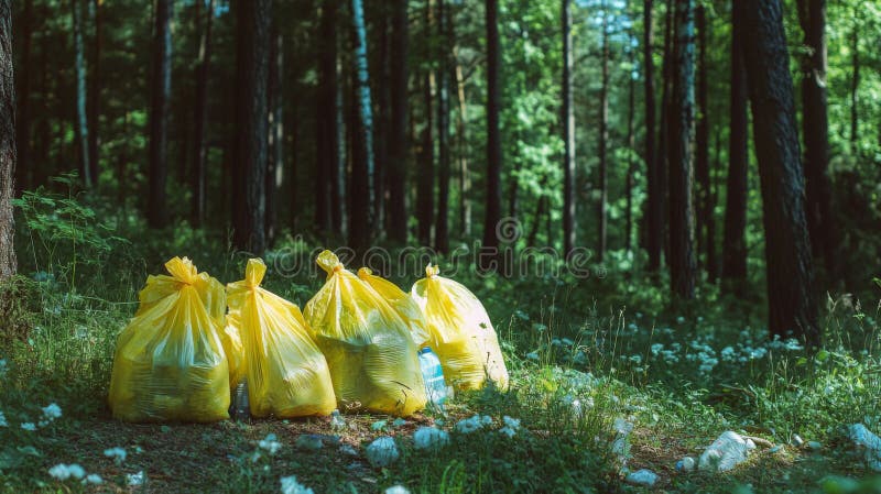 Yellow Garbage Bags in a Forest Setting Stock Illustration ...