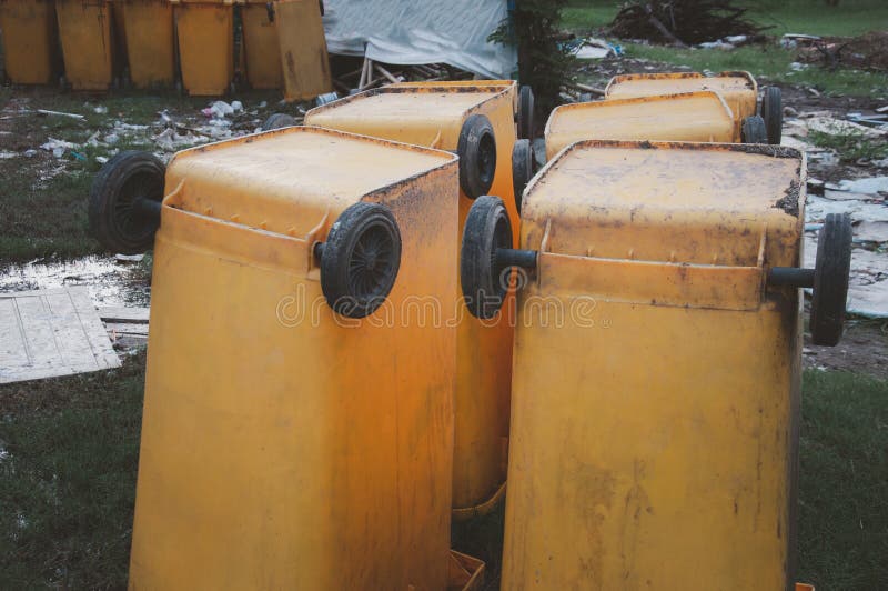 Yellow Garbage Bins on the Park. Out of Order Stock Image - Image of ...