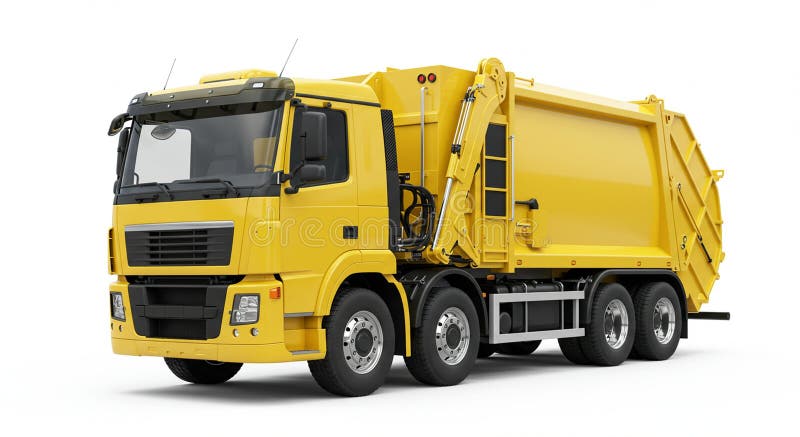 Yellow Garbage Truck with a Robust, Boxy Design Featuring Six Wheels ...
