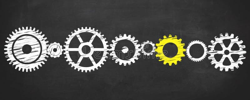 Yellow Gear Turns All Gears on Blackboard Stock Image - Image of gear ...