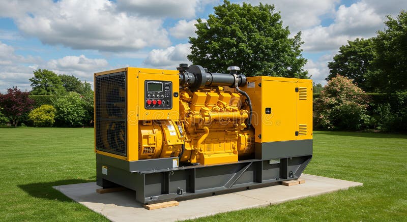 Yellow Generator Engine on Grass Lawn Providing Power for Backup ...