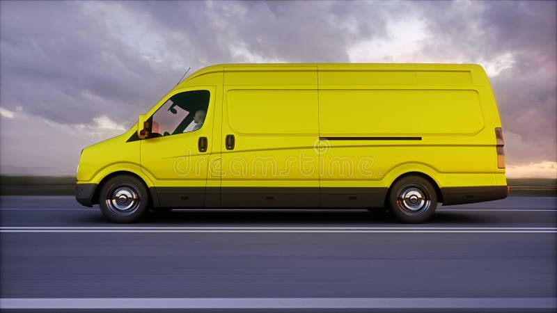 Yellow Generic Delivery Van on Highway. Very Fast Driving. Stock ...
