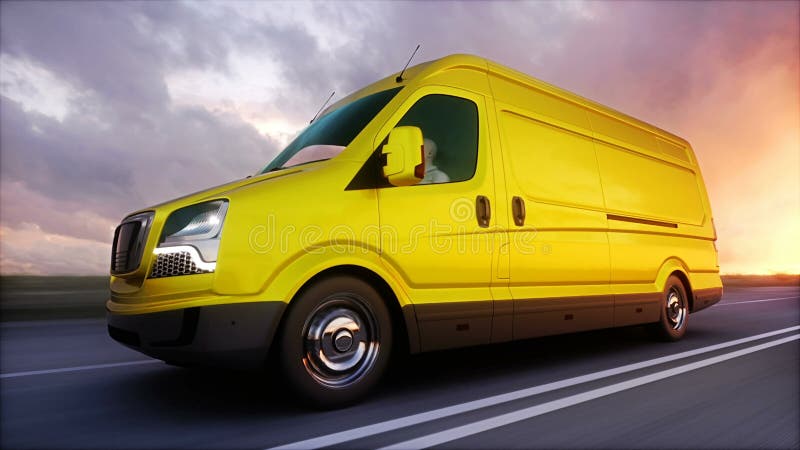Yellow Generic Delivery Van on Highway. Very Fast Driving. Stock ...