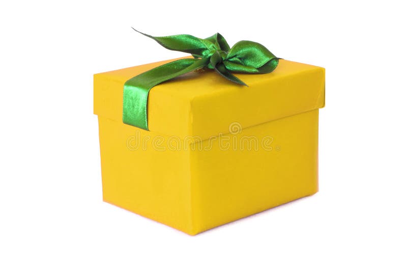 Yellow Gift Box with Green Satin Ribbon Bow Stock Image - Image of ...
