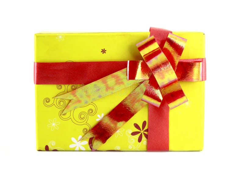 Yellow Gift Box With Red Ribbon Stock Image - Image of ornament, design ...