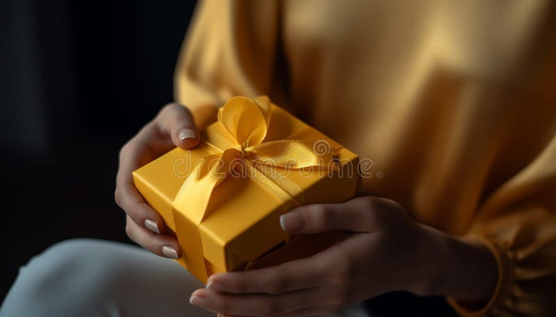 Yellow Gift Box Wrapped in Gold, Held by Woman Hand Generated by AI ...