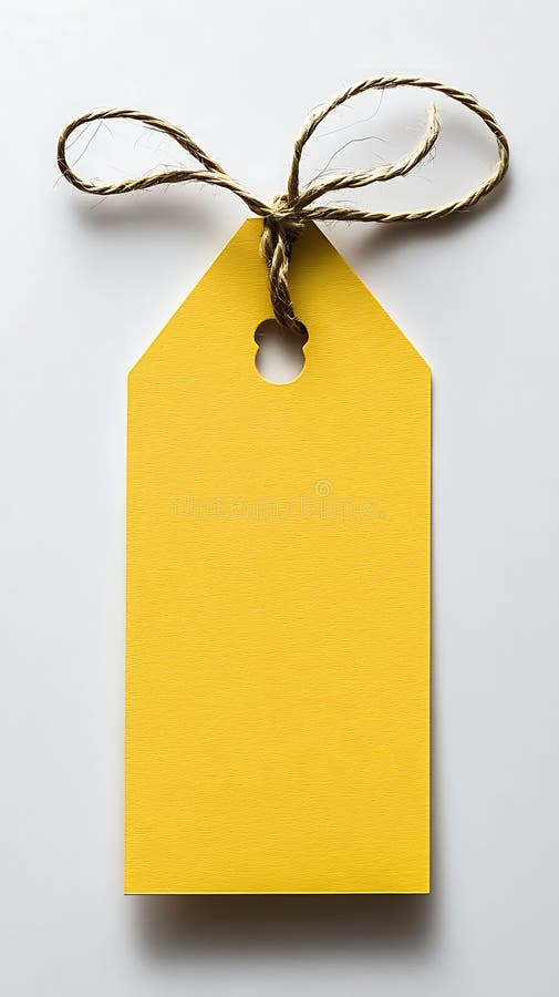 A Yellow Gift Tag with String Bow Detail on White Background Stock ...