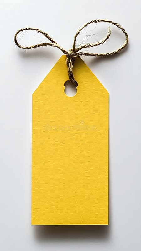 A Yellow Gift Tag with String Bow Detail on White Background Stock ...