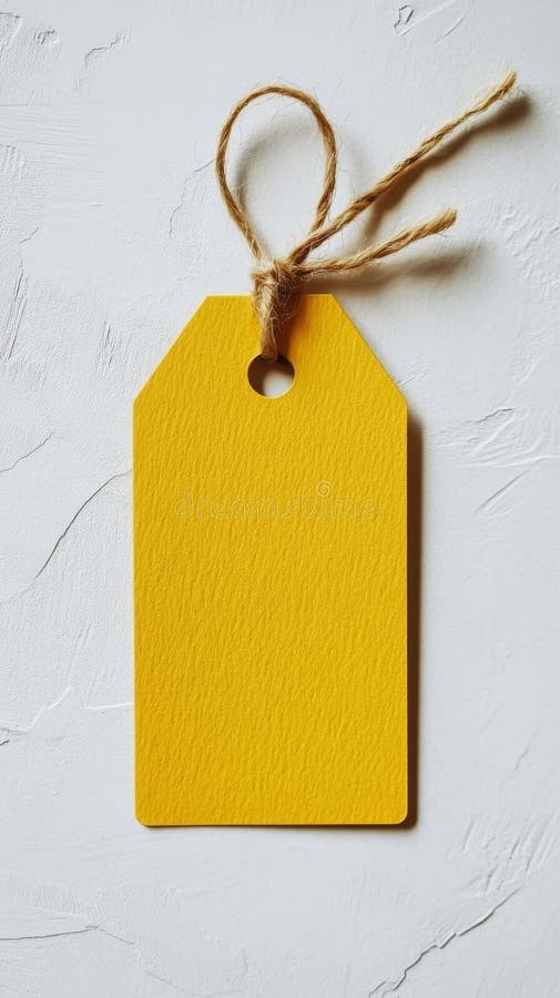 Yellow Gift Tag with Twine on Textured White Background Stock Photo ...