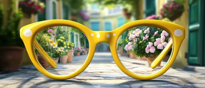Yellow Glasses with White Dots Resting on a Stone Floor Create a ...