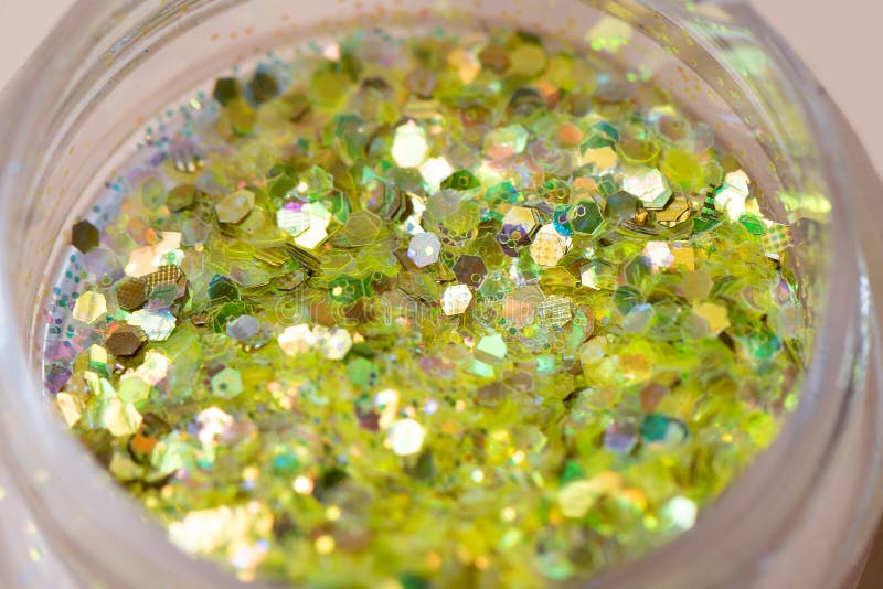 Yellow Glitter in Plastic Box Close Up. Stock Image - Image of metal ...