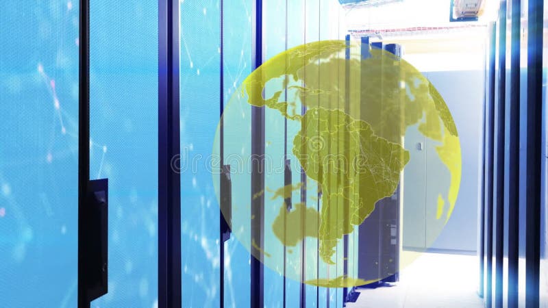 Yellow Globe Animation Over Data Servers in Modern Data Center Stock ...