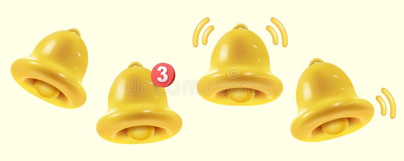 Yellow Glossy Bell Icon in 3D Cartoon Style for Notifications. Isolated ...