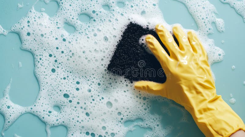 Yellow Gloved Hand Scrubbing Soapy Surface with Sponge Stock Image ...