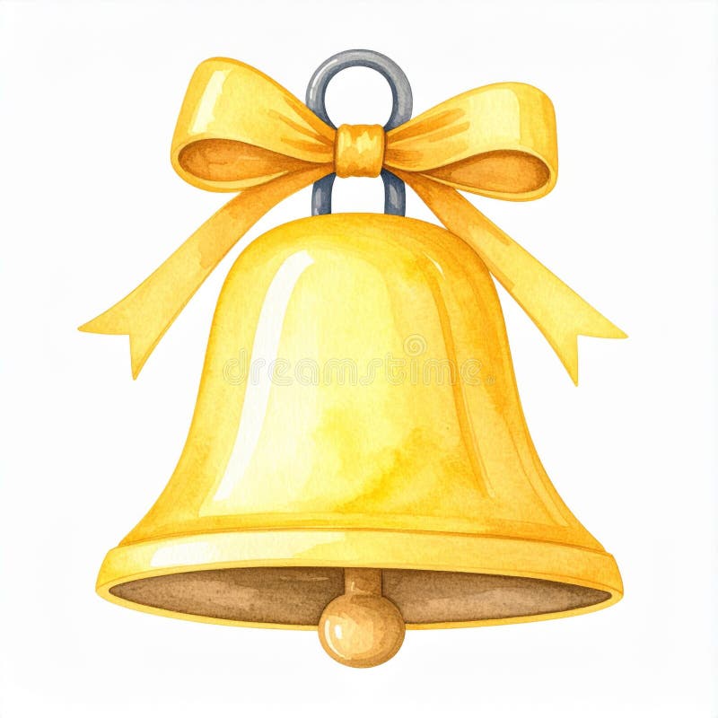 Yellow Gold Bell with Yellow Bow Watercolor Illustration Stock ...