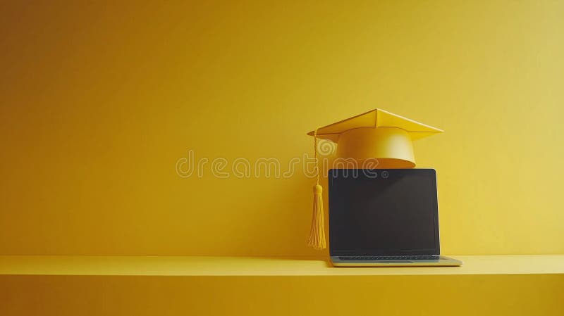 Yellow Graduation Cap on Laptop Against Vibrant Yellow Background with ...
