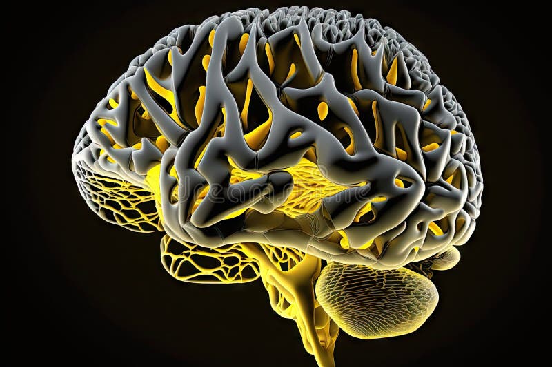 Yellow Gray Image of Human Brain in Triangular on Black Background ...