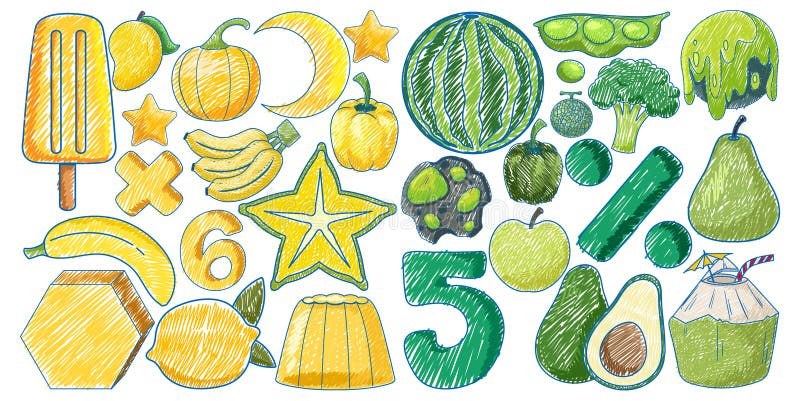 Yellow and Green Objects in Pencil Colour Sketch Simple Style Stock ...