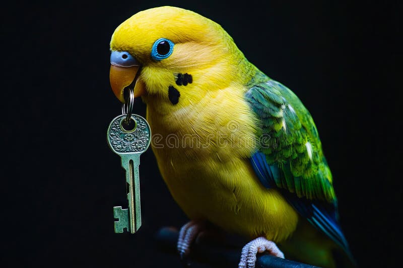 A Yellow and Green Parakeet Sitting on a Branch with a Key in Its Beak ...