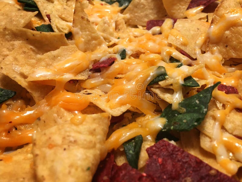 Yellow, Green, Red Cheese Nachos Stock Photo - Image of green, food ...