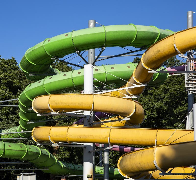 Yellow and Green Water Slide in Aquapark Stock Photo - Image of extreme ...