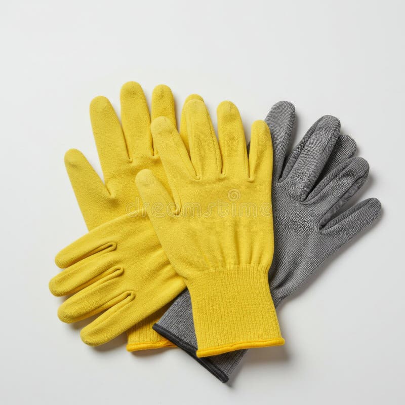 Yellow and Grey Knitted Work Gloves on White Background Stock ...