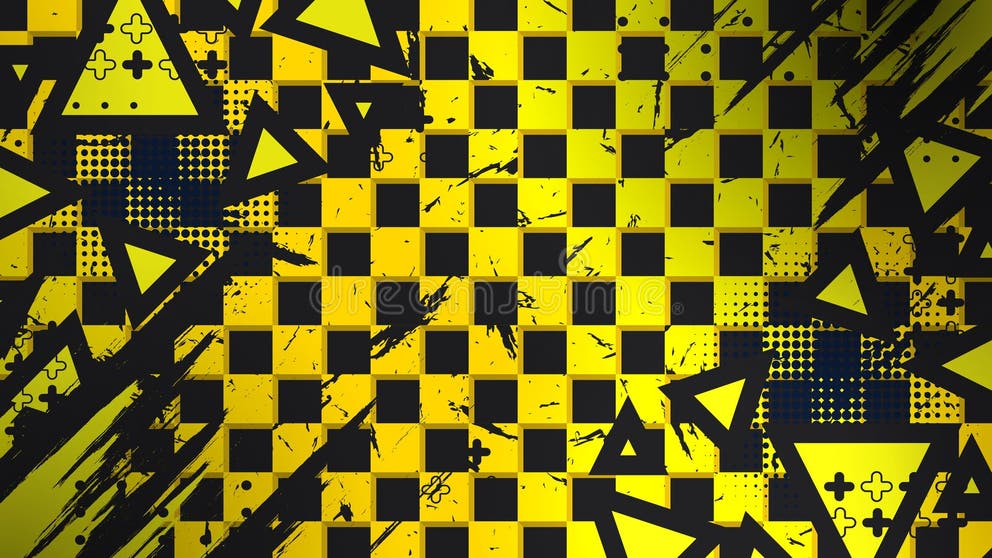 Yellow Grunge Checkerboard with Abstract Triangle and Halftone Elements ...