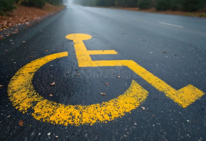 A Yellow Handicapped Symbol Painted on a Black Asphalt Road Stock ...