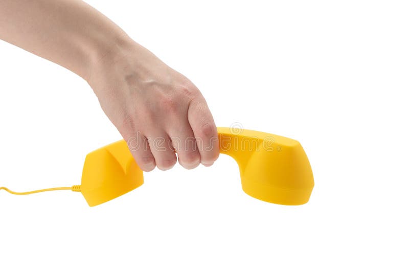 Yellow Handset in Woman Hand Isolated on White Stock Photo - Image of ...