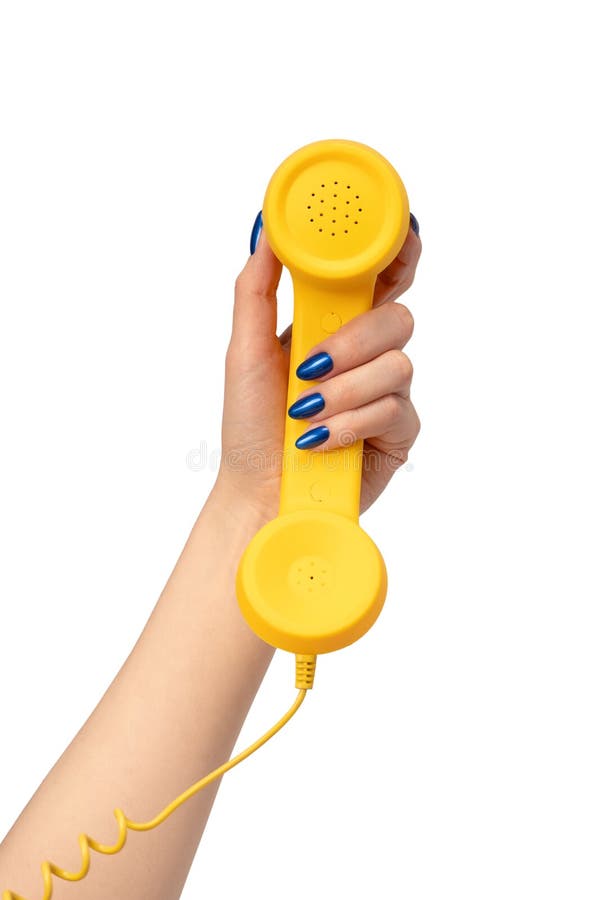 Yellow Handset in Woman Hand Isolated on White. Copy Space Stock Image ...