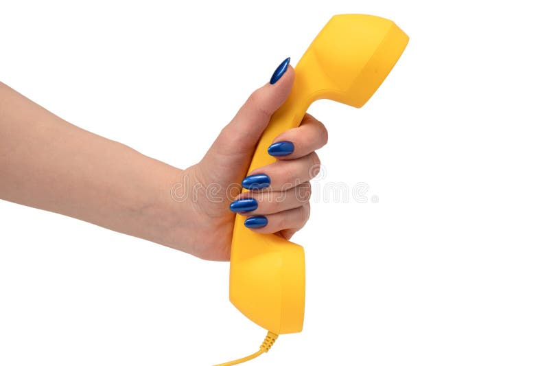Yellow Handset in Woman Hand Isolated on White. Copy Space Stock Image ...