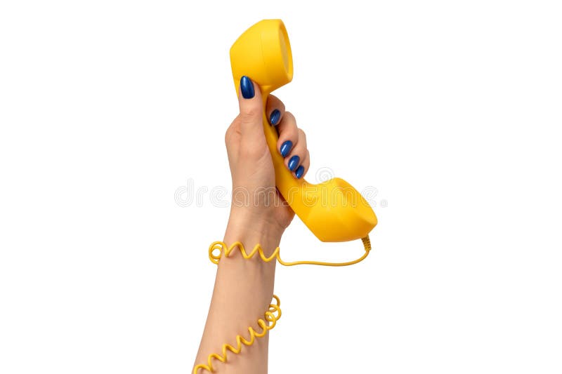 Yellow Handset in Woman Hand Isolated on White. Copy Space Stock Image ...