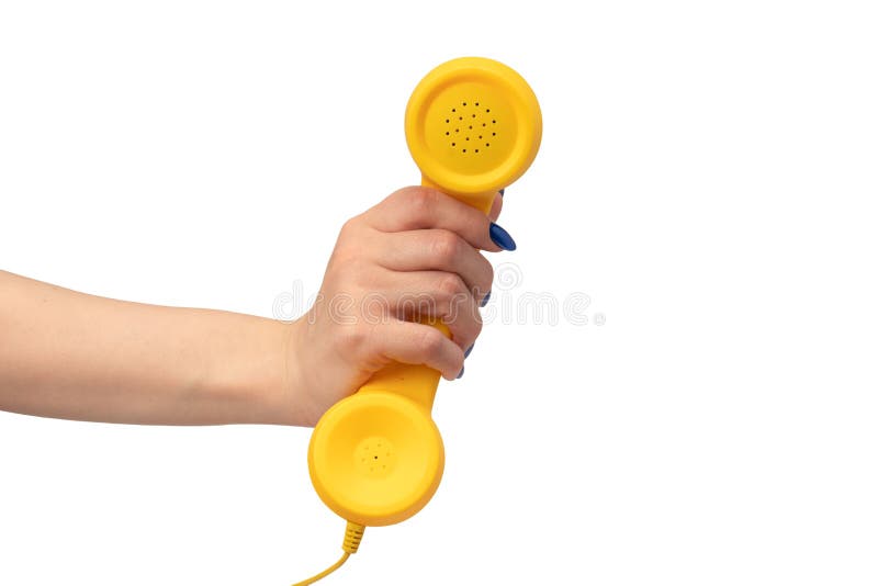 Yellow Handset in Woman Hand Isolated on White. Copy Space Stock Photo ...